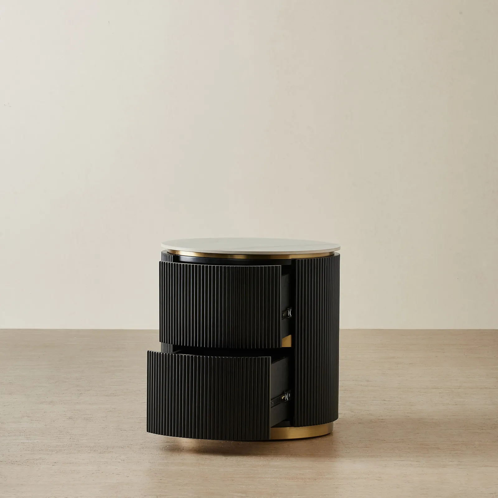 Archie Black Wooden Oval Bedside Table with White Sintered Stone Top ...