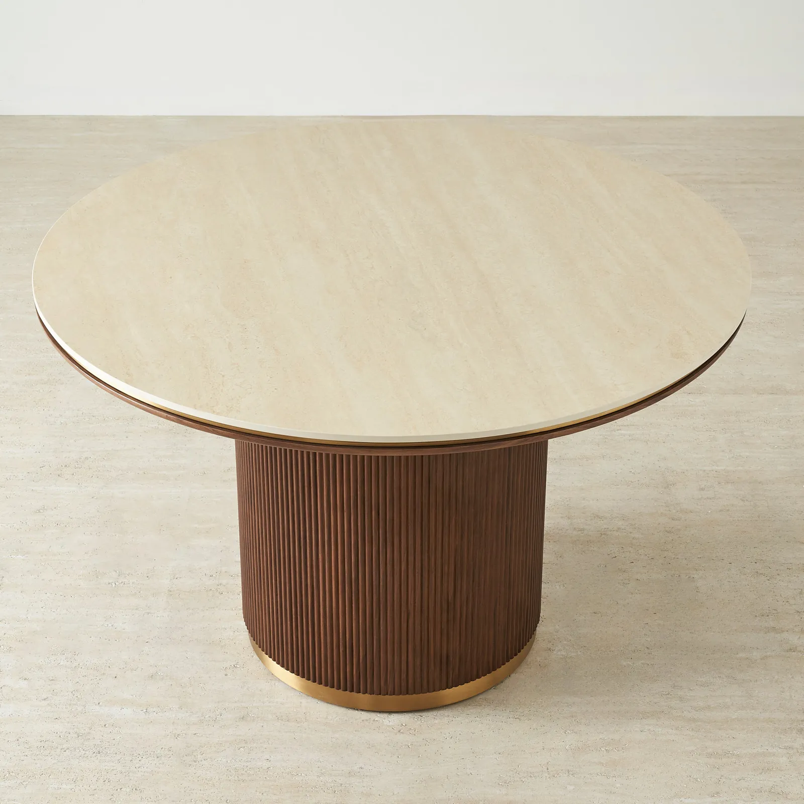 San Pierre Walnut Veneer Round Dining Table with Travertine Finish ...