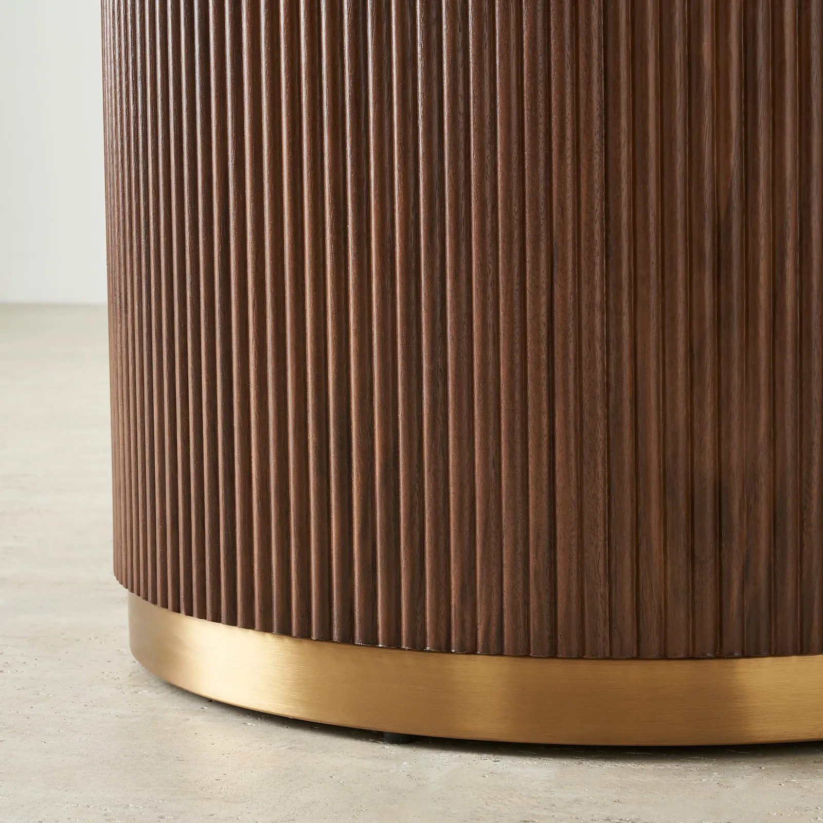 San Pierre Walnut Veneer Round Dining Table - Single Leg - Travertine ...