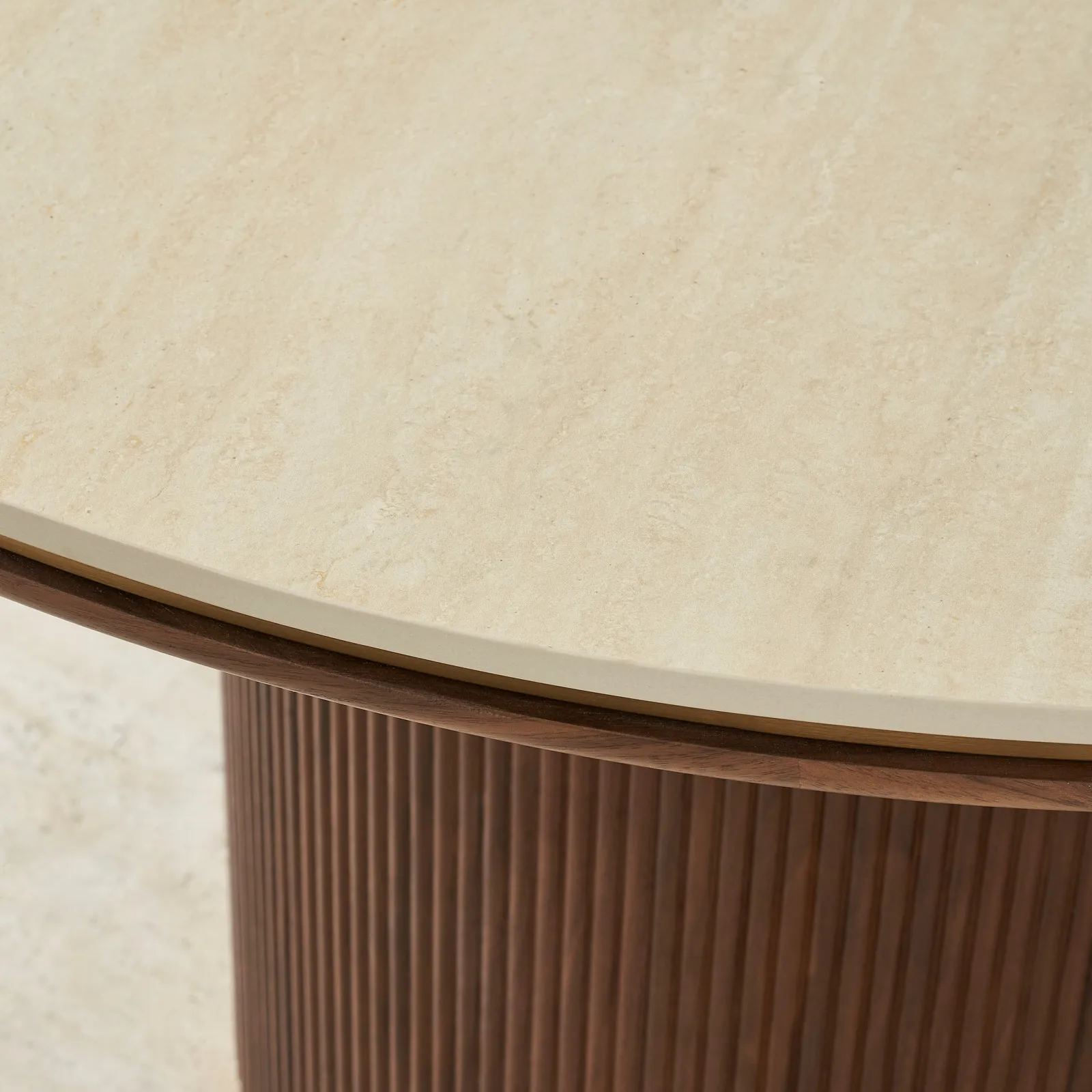 San Pierre Walnut Veneer Round Dining Table - Single Leg - Travertine ...
