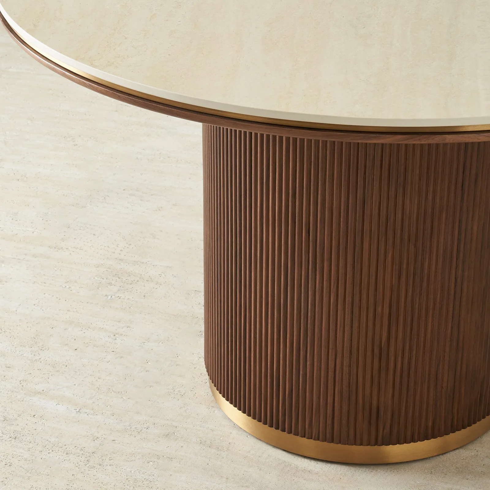 San Pierre Walnut Veneer Round Dining Table - Single Leg - Travertine ...