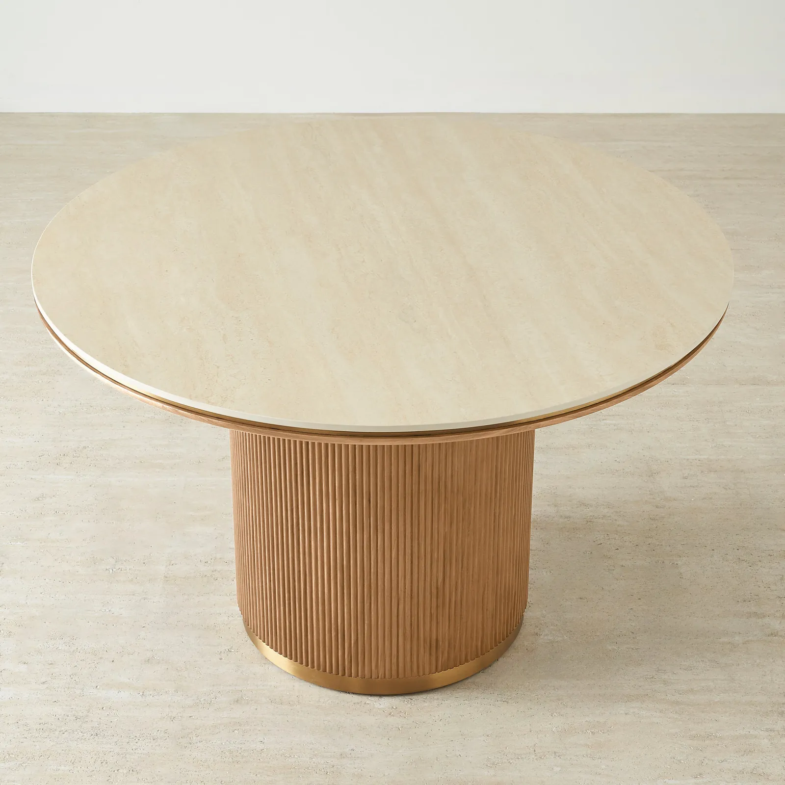 San Pierre Light Brown Ash Round Dining Table - Single Leg - Travertine ...