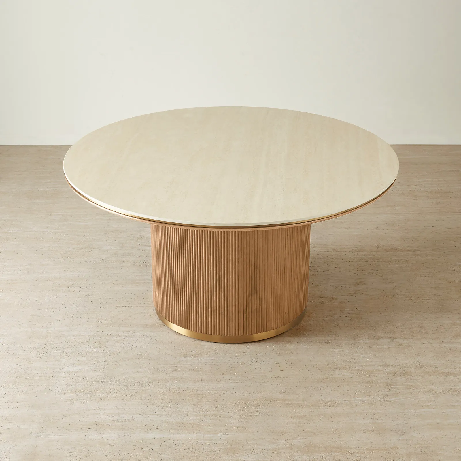San Pierre Light Brown Ash Round Dining Table - Single Leg - Travertine ...