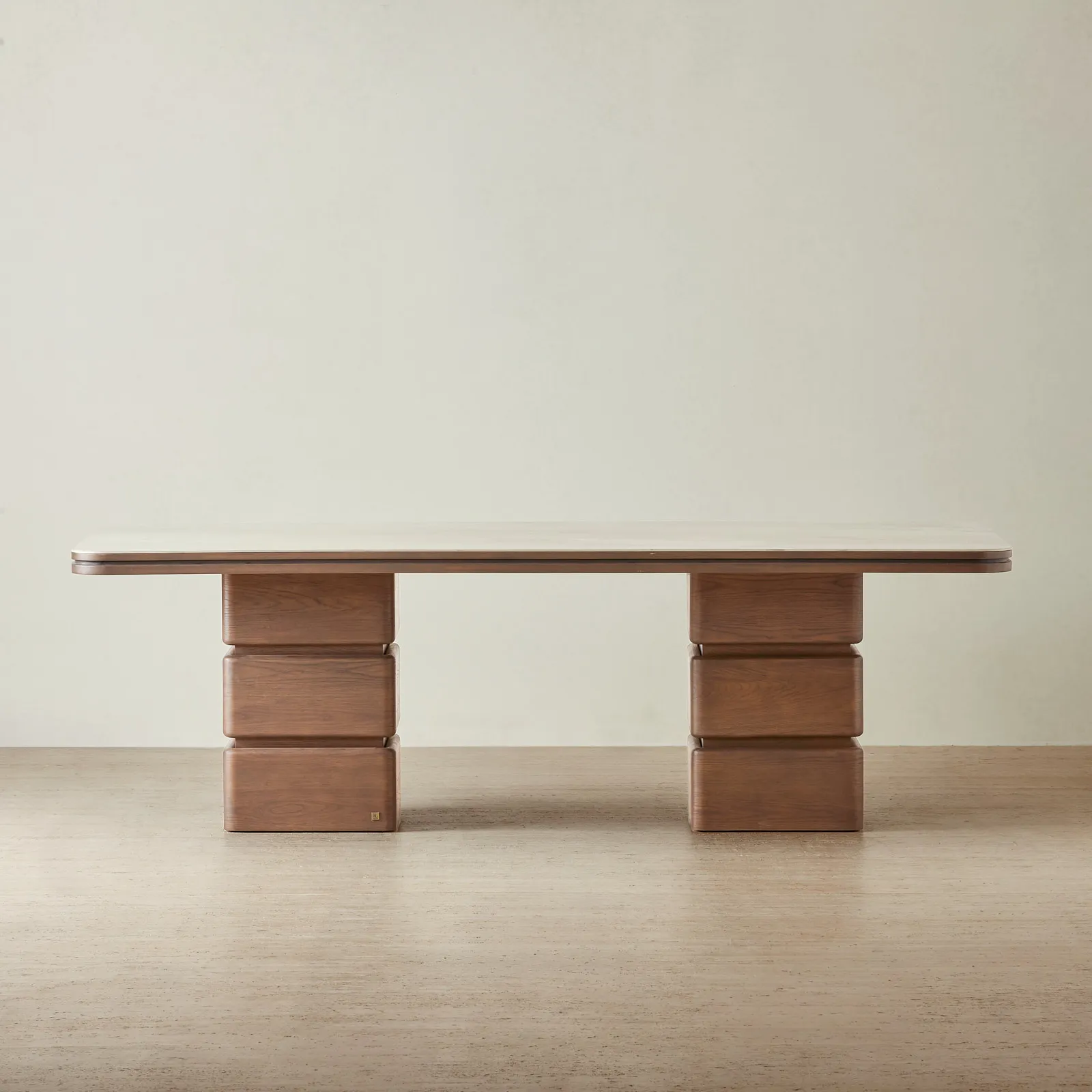 Whimsy Walnut Brown Wooden Dining Table - Taj Mahal Sintered Stone Top ...
