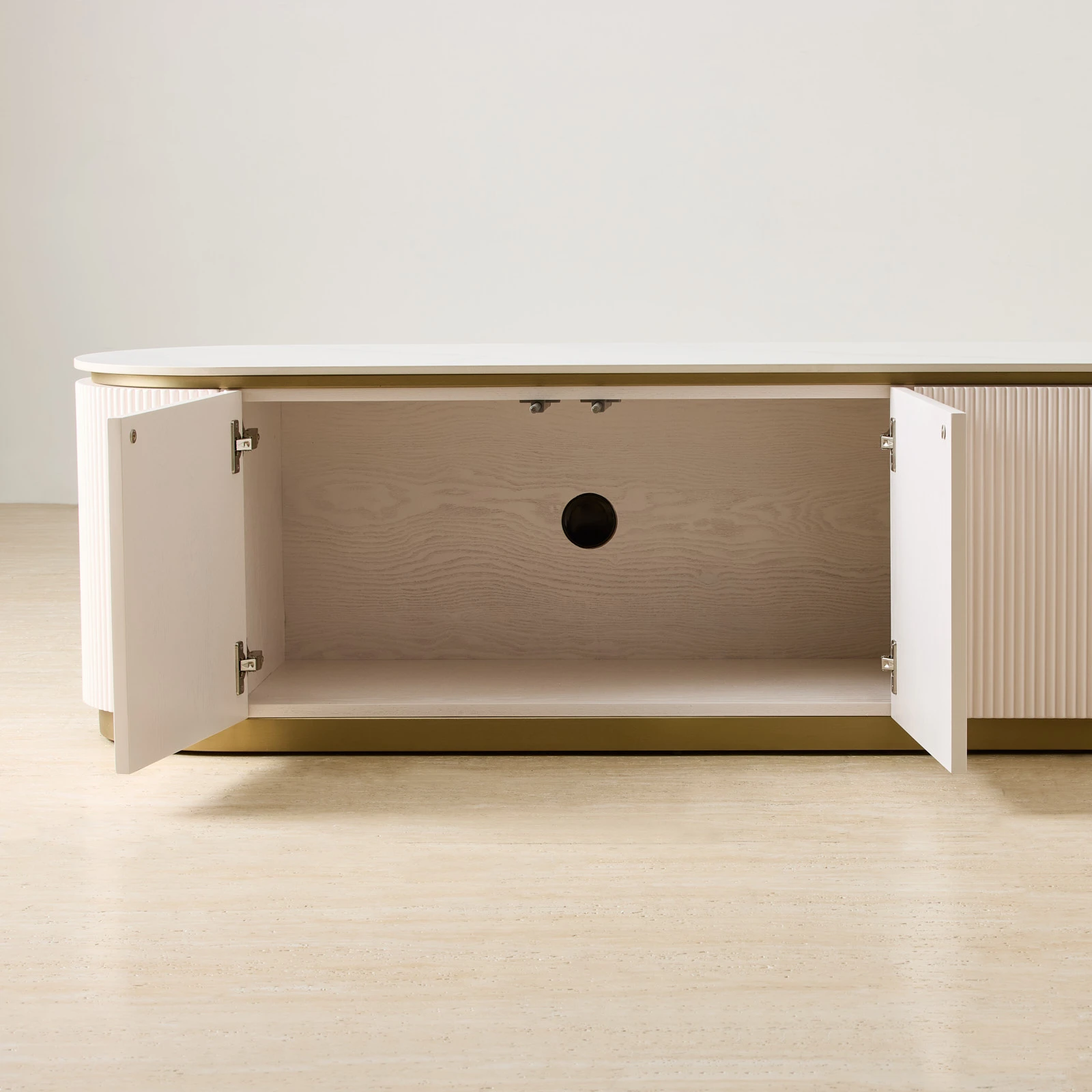 Archie Cream Wooden Entertainment Unit with White Sintered Stone Top ...