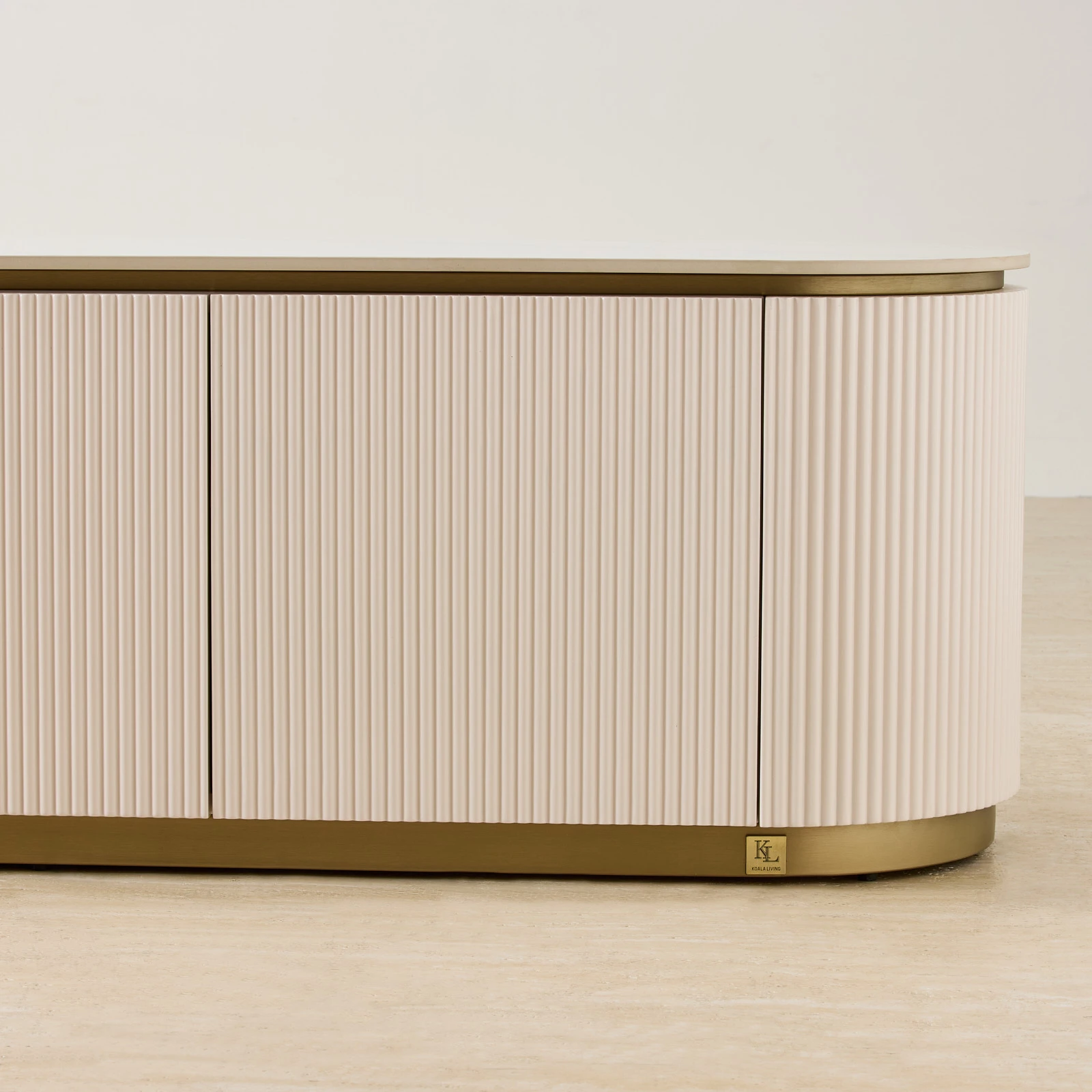 Archie Cream Wooden Entertainment Unit with White Sintered Stone Top ...
