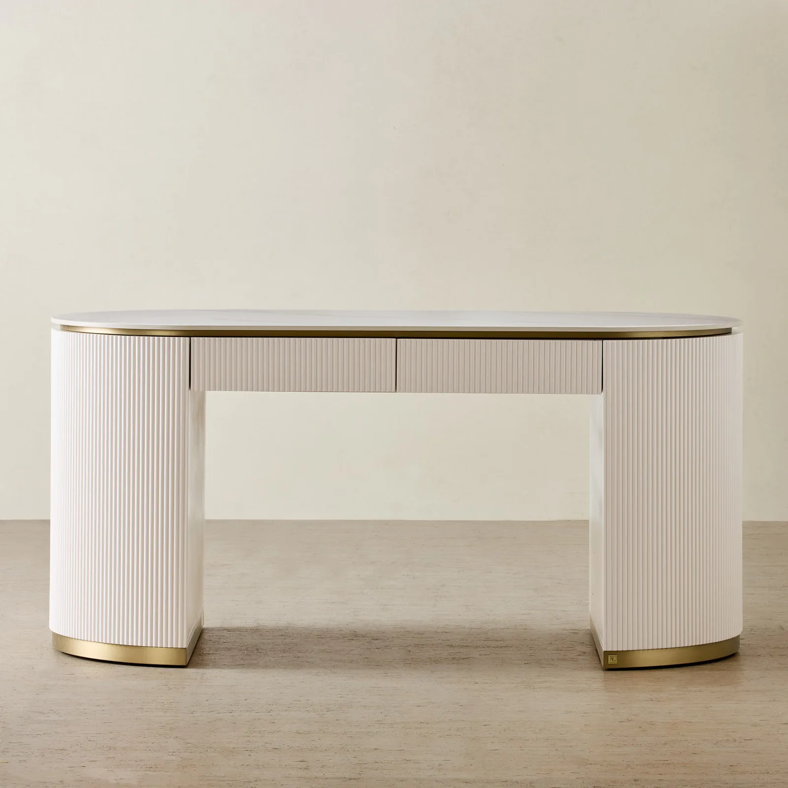 Archie White Sintered Stone Study Desk - White Ribbing | Koala Living