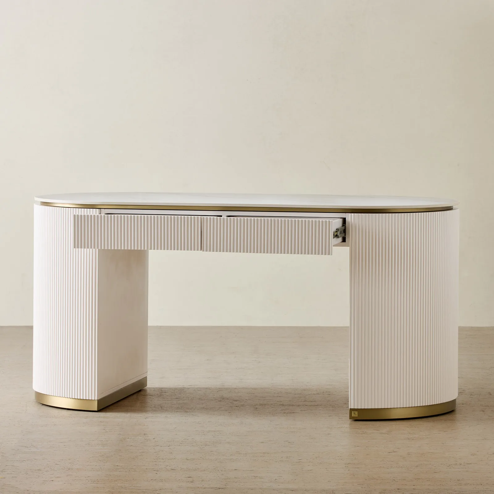 Archie White Sintered Stone Study Desk - White Ribbing | Koala Living
