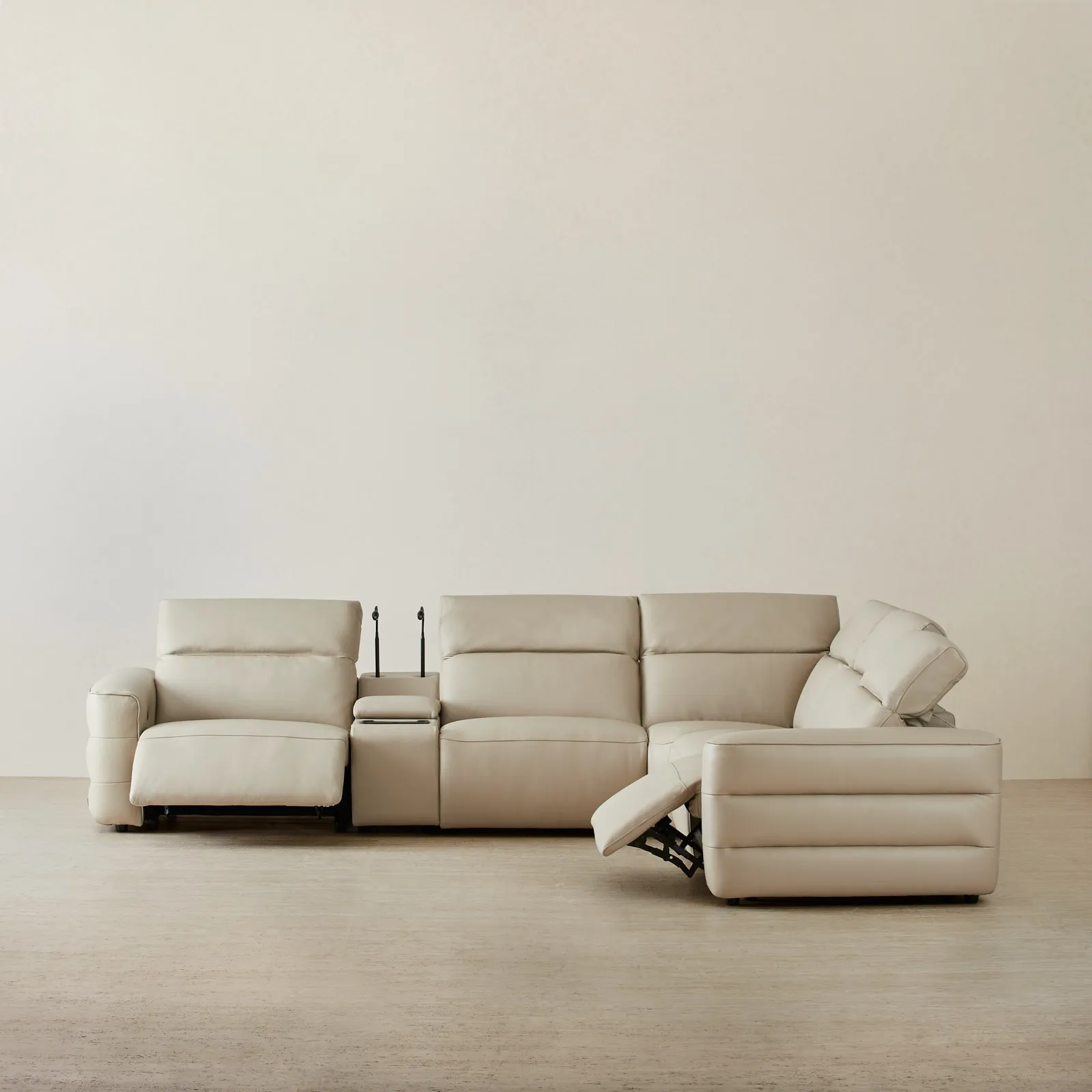 Amelie Almond Cream Leather Modular Dual Electric Recliner With Single ...