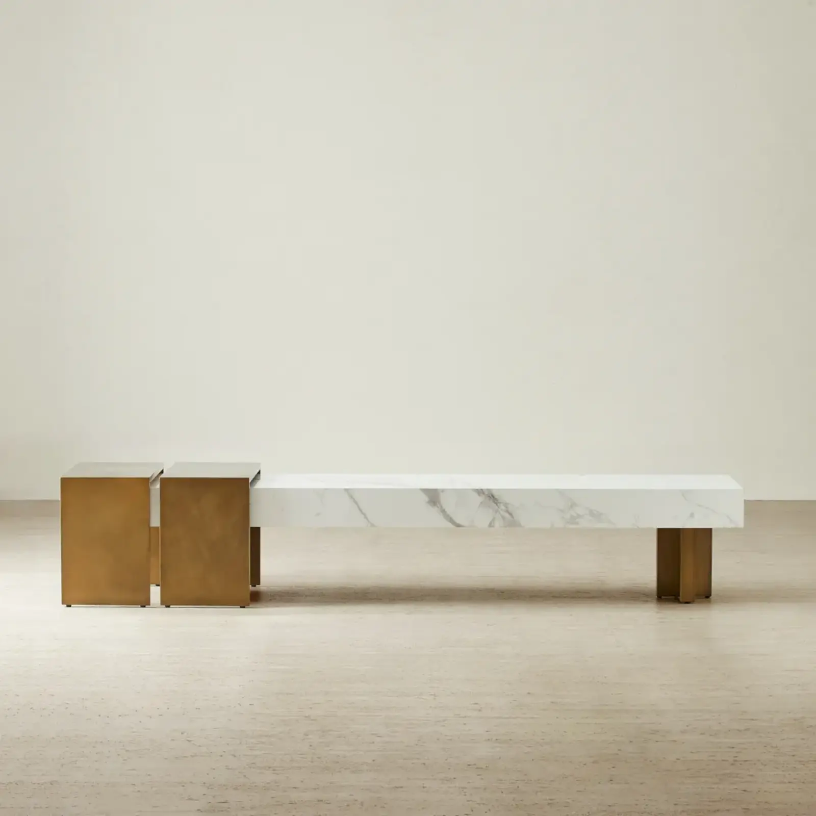 Grayson Brushed Bronze Entertainment Unit with Statuario White Sintered ...