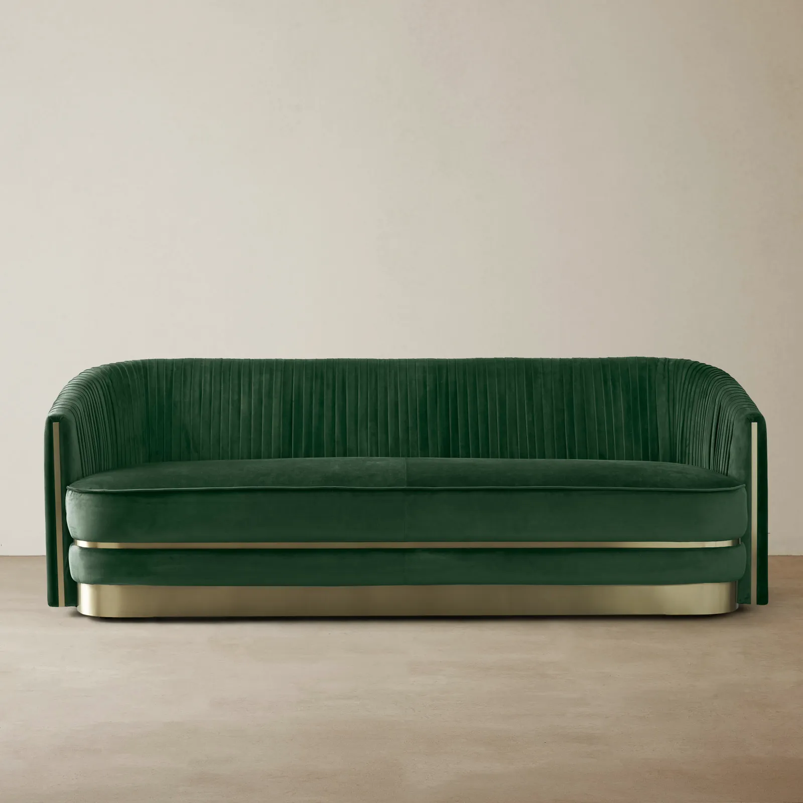 Crown Pine Green Velvet 3-Seater Sofa - Champagne Gold Stainless Steel Legs